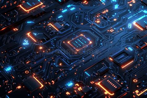 Futuristic Cybernetic Circuitry Blue And Orange Glowing Microchips With Complex Digital