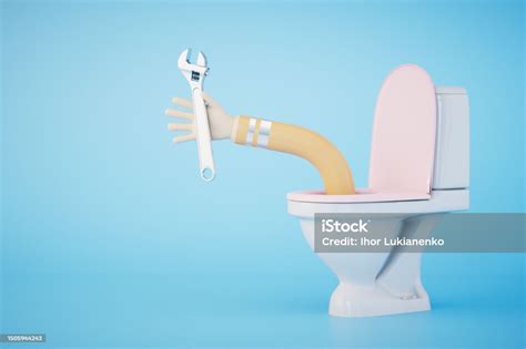 배관 공사 수행 변기에서 튀어나온 렌치가 있는 손 3d 렌더링 0명에 대한 스톡 사진 및 기타 이미지 0명 개수대 건설