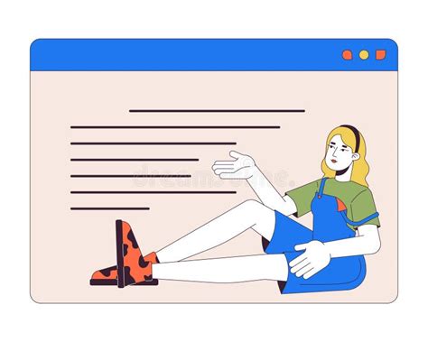 Woman Pointing On Website Text Block 2d Linear Cartoon Character Stock Vector Illustration Of