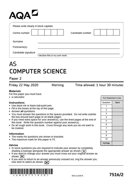 June 2020 Qp Paper 2 Aqa Computer Science As Level Pdf Data