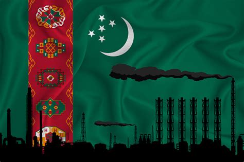 투르크메니스탄 국기 로고를위한 공간이있는 배경 산업 3d 일러스트레이션 화학 공장 오일 정제 가스 에너지 아이콘의 실루엣 중공업 0명에 대한 스톡 벡터 아트 및 기타 이미지