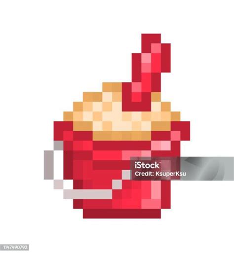 빨간색 플라스틱 양동이와 흙 8 비트 픽셀 아트 샌드 박스 장난감 흰색 배경에 고립의 세트 여름 휴가 비치 재미 어린이를 위한 교육 게임 해변 휴가 활동 장비 스튜디오