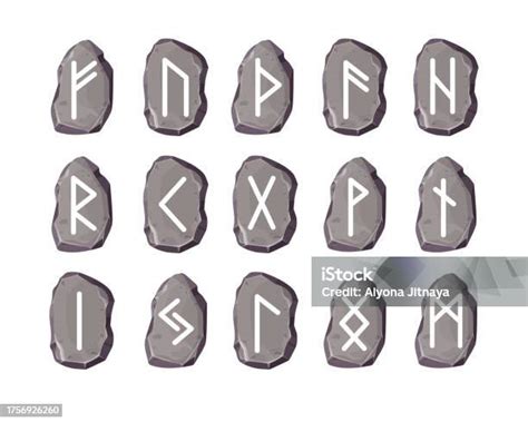 룬 돌 세트 북유럽 마술 게임 상징 흰색 배경에 고립 된 만화 스타일의 신성한 스크립트 컬렉션 스칸디나비아 편지 오컬트 편지 벡터 그림 개체 그룹에 대한 스톡 벡터 아트 및