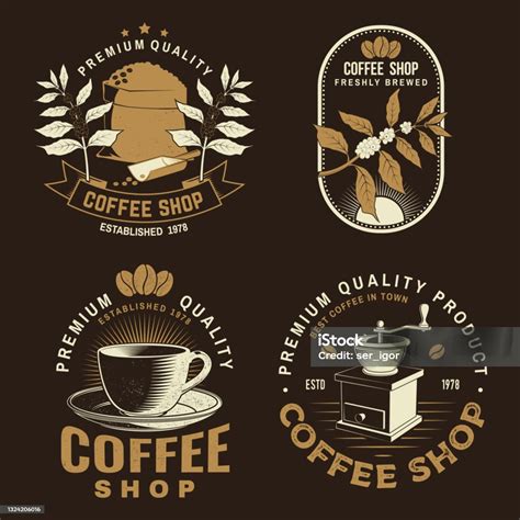 Coffe 상점 엠블럼 배지 템플릿 세트 벡터 커피 그라인더 실루엣의 타이포그래피 디자인 레스토랑 카페 바 포장 메뉴용 템플릿 0명에 대한 스톡 벡터 아트 및 기타 이미지