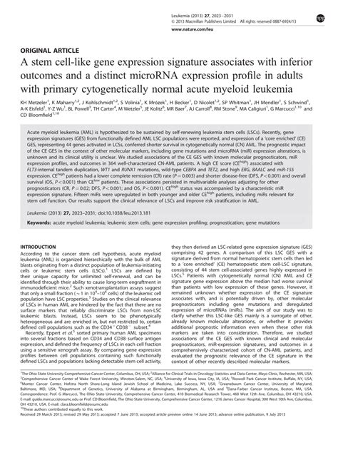 Pdf A Stem Cell Like Gene Expression Signature Associates With Inferior Outcomes And A