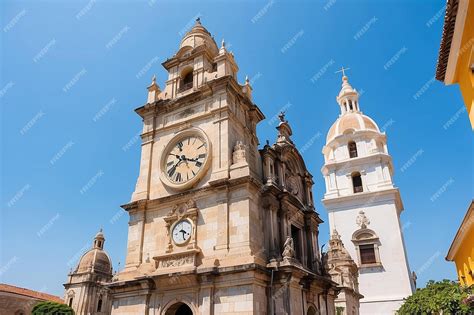 Front View Of The Clock Tower Monument With Blue Sky In The Old Town Of