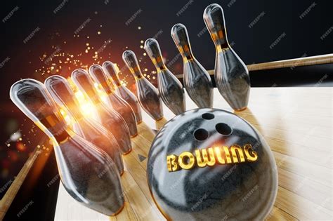 웹 사이트 현대적인 디자인 잡지 스타일 볼링 공 및 스키틀즈 고급 스타일 3d 그림 3d 렌더링을 위한 광고 포스터를 위한 볼링 블랙 골드 스타일 포스터 프리미엄 사진