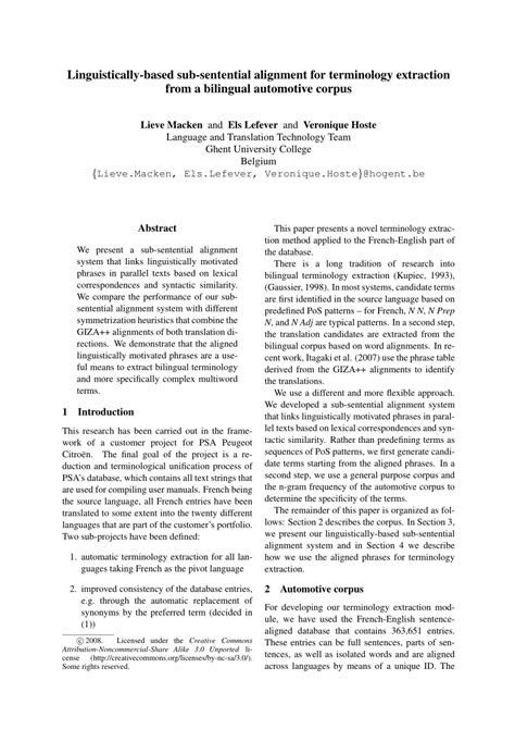 Pdf Linguistically Based Sub Sentential Alignment For Terminology Extraction From A Bilingual