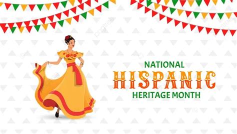 국가 히스패닉 유산의 달 축제 배너 벡터 배경에 깃발 화환과 젊은 여성 캐릭터 댄서가 있는 춤추는 여자 전통 의상을 입고