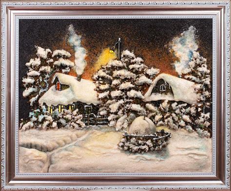 Купить Картина из янтаря Зимняя деревня по цене 44 000 руб