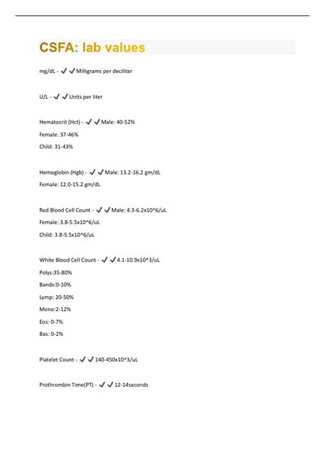 CSFA Lab Values Questions And Answers 100 Correct Answers Updated Quiz CSFA Lab Values