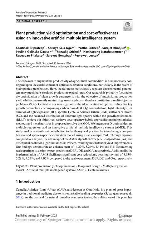 Plant Production Yield Optimization And Cost Effectiveness Using An Innovative Artificial