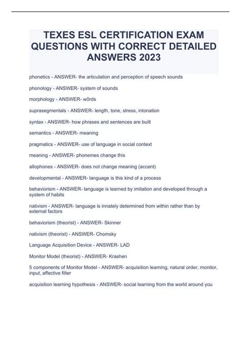 Texes Esl Certification Exam Questions With Correct Detailed Answers 2023 Esl Certification