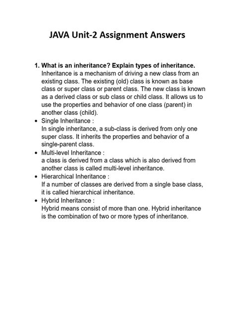 Java Unit 2 Assignment Answers Pdf Inheritance Object Oriented Programming Method