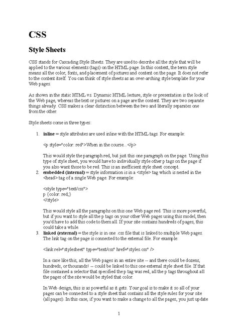 Css Handout Class Notes Css Style Sheets Css Stands For Cascading Style Sheets They Are Used