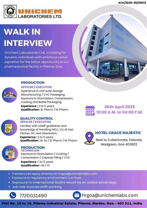 walk in interview at unichem laboratories ltd production and quality
