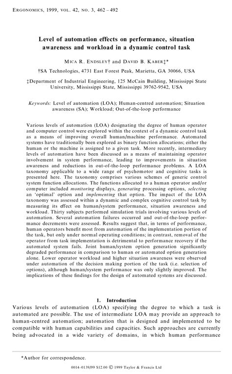 Pdf Level Of Automation EŒ Ects On Performance Situation Awareness And Workload In A Dynamic