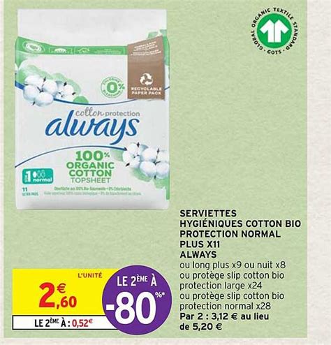 Promo Serviettes Hygiéniques Cotton Bio Protection Normal Plus X11