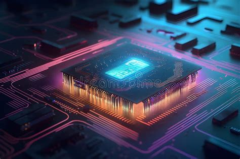 Generative Ai Futuristic Neon Microchip Circuit Board 3d Rendering