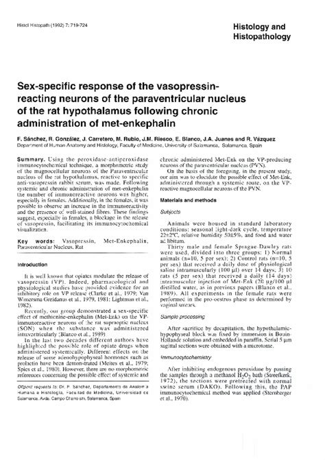 Pdf Sex Specific Response Of The Vasopressin Reacting Neurons Of The