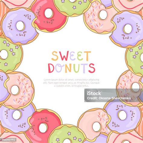 아이싱과 스프링클이 있는 밝고 다채로운 도넛 프레임 프레임 중간에 원하는 비문을 지정할 수 있습니다 메뉴 디자인 카페 장식 배달