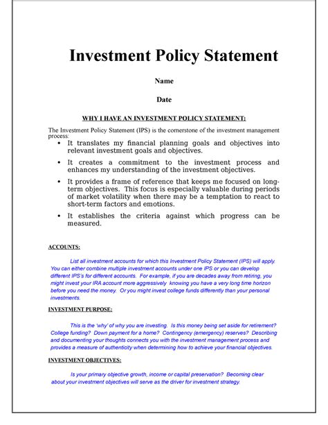 Investment Policy Statement Sample Template Template Samples
