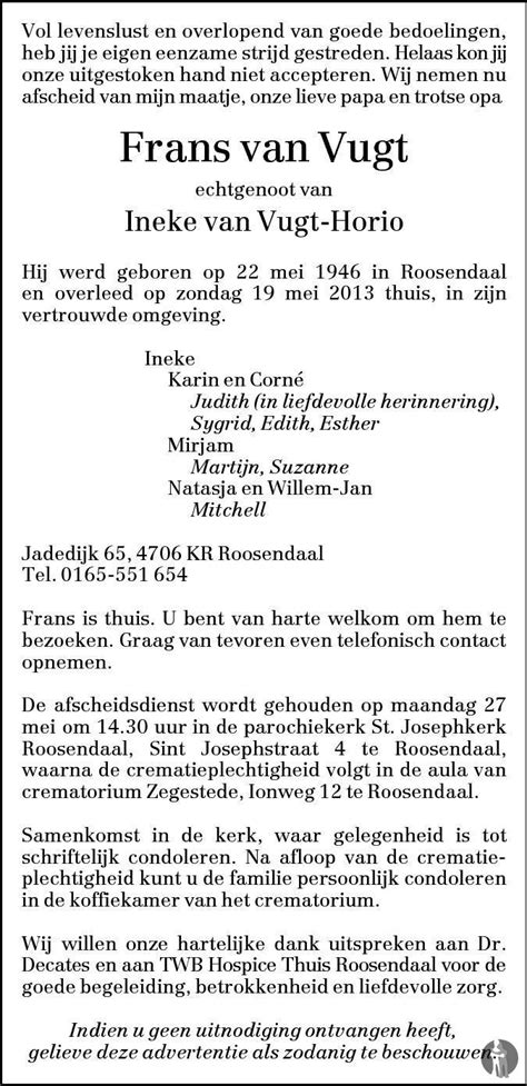 Frans Van Vugt 19 05 2013 Overlijdensbericht En Condoleances