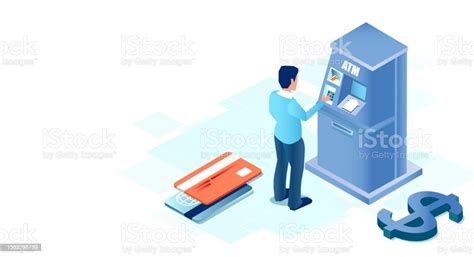 현금 인출 현금을 인출 하는 Atm 기계를 사용 하 여 사업가의 벡터 3차원 형태에 대한 스톡 벡터 아트 및 기타 이미지 3