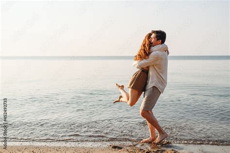 Side View Happy Smiling Babe Couple Two Friends Family Man Woman In