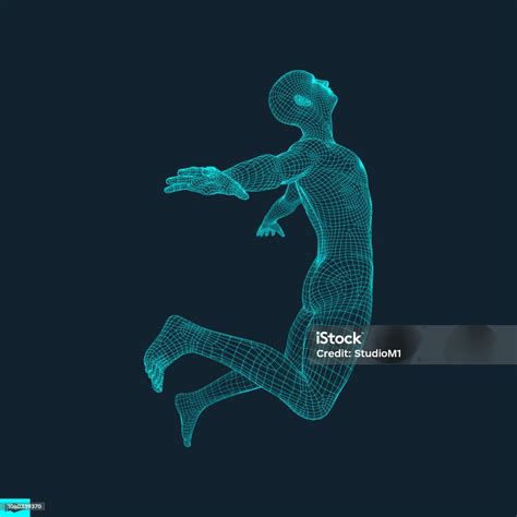 남자 기하학적 디자인의 점프 맨 3d 모델의 실루엣 다각형 덮 음 피부입니다 인체 와이어 모델입니다 벡터 일러스트입니다 3차원 형태에 대한 스톡 벡터 아트 및 기타 이미지