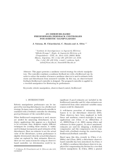Pdf An Observer Based Feedforwardfeedback Controller For Robotic