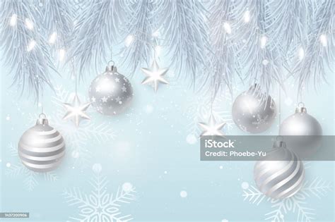 메리 크리스마스 작곡 3d 현실적인 소나무 전나무 나무 가지 실버 장식 보블 볼 스타 장식품과 체인 라이트 0명에 대한 스톡 사진 및 기타 이미지 Istock