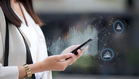 Woman Uses Mobile App To Track Global Business Performance Visualizing Data Stock Illustration
