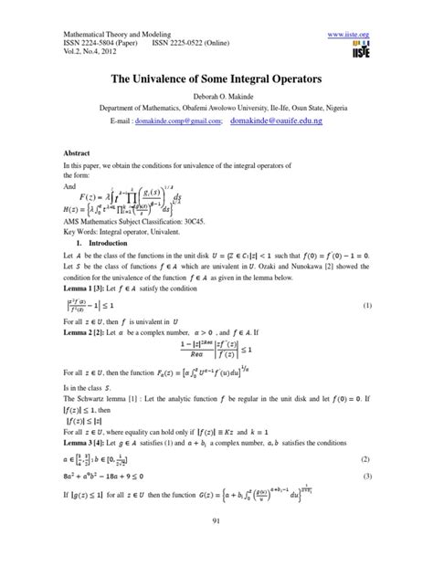 The Univalence Of Some Integral Operators Pdf Theorem Mathematical Analysis