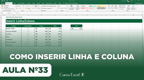 como inserir linha e coluna curso excel grátis