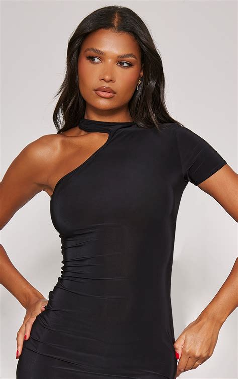 Black Asymmetric Neckline Bodycon Dress Dresses Plt