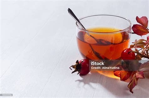 컵에 장미 엉덩이 차와 아늑한 가을 아침 티타임 부드러운 밝은 흰색 나무 테이블 상단보기에 태양 광선과 그림자개 장미 분기 복사 공간 클로즈업 로즈힙에 대한 스톡 사진 및