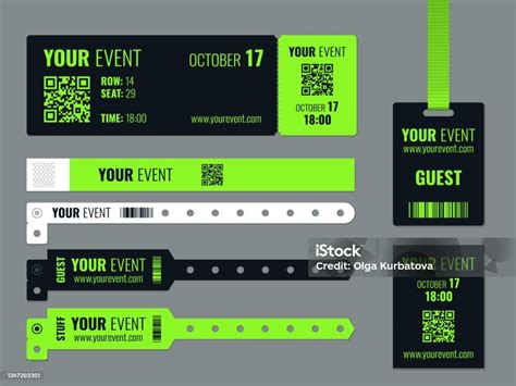 이벤트 액세스 제어 현실적인 손목 태그 모형 기업 입장 권 템플릿 축제 파티 패스 방문자 인증 참가자 배지 및 팔찌 공백 벡터