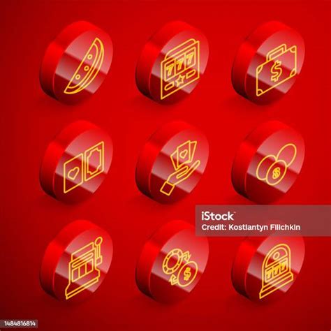 수박 슬롯 잭팟 서류 가방 및 돈 카드 놀이 데크 손 들기 복권 공 빙고 및 칩 교환 아이콘이있는 라인 카지노 슬롯 머신을 설정하십시오 벡터 3차원 형태에 대한 스톡 벡터