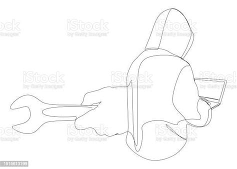 One Continuous Line Of Computer Hacker With Laptop And Wrench Thin Line Illustration Vector