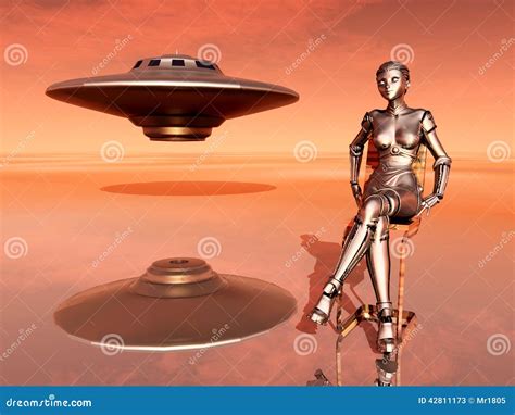 Spaceship And Female Robot Stock Illustration Illustration Of Saucer