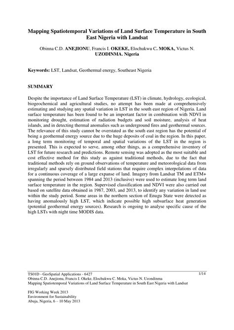 Pdf Mapping Spatiotemporal Variations Of Land Surface Temperature In South East Nigeria With