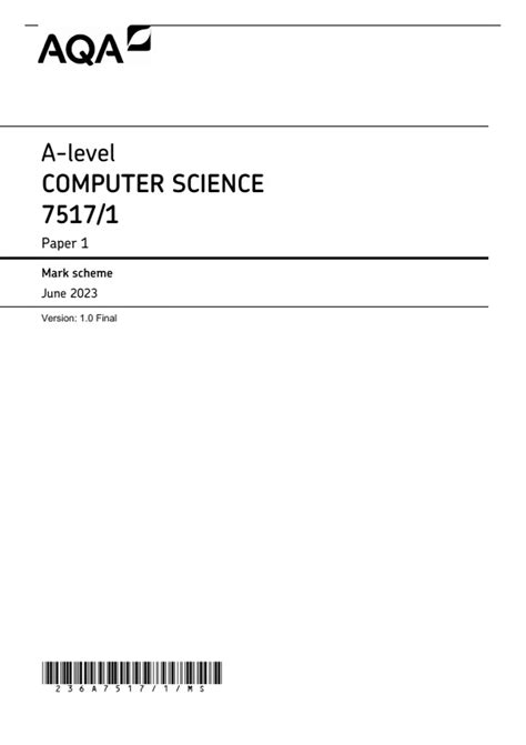 Aqa A Level Computer Science Paper 1 June 2023 Mark Scheme 75171 Aqa A Level Computer