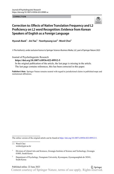 Correction To Effects Of Native Translation Frequency And L2 Proficiency On L2 Word Recognition