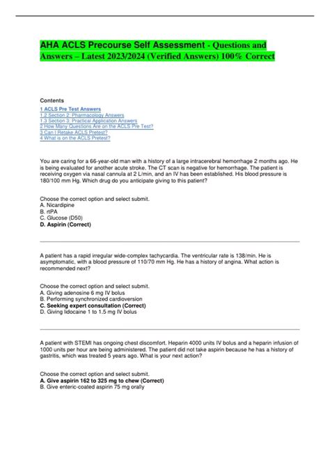 Aha Acls Precourse Self Assessment Questions And Answers Latest 2023 2024 Verified Answers