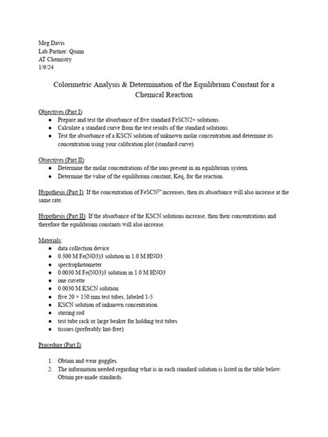 Colorimetric Analysis And Determination Of The Equilibrium Constant For A Chemical Reaction Meg