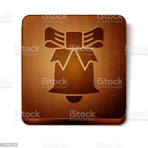 흰색 배경에 격리 된 갈색 울리는 벨 아이콘입니다 알람 기호 서비스 벨 핸드 벨 기호 알림 기호입니다 나무 사각형 버튼입니다