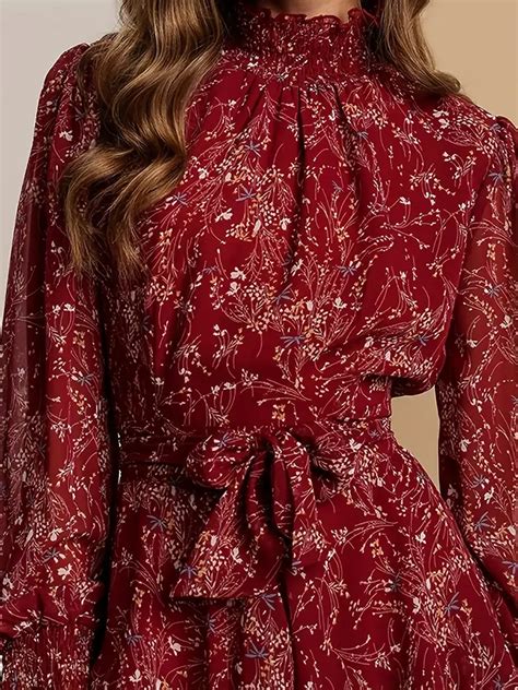 플로랄 프린트 하이 넥 드레스 우아한 레이어드 프릴 긴팔 드레스 여성 의류 Temu Republic Of Korea