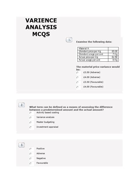 Varience Analysis Mcqs Pdf Labour Economics Prices