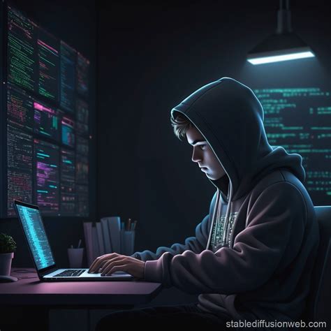 Programmer In A Dark Room Coding On Laptop Stable Diffusion Online